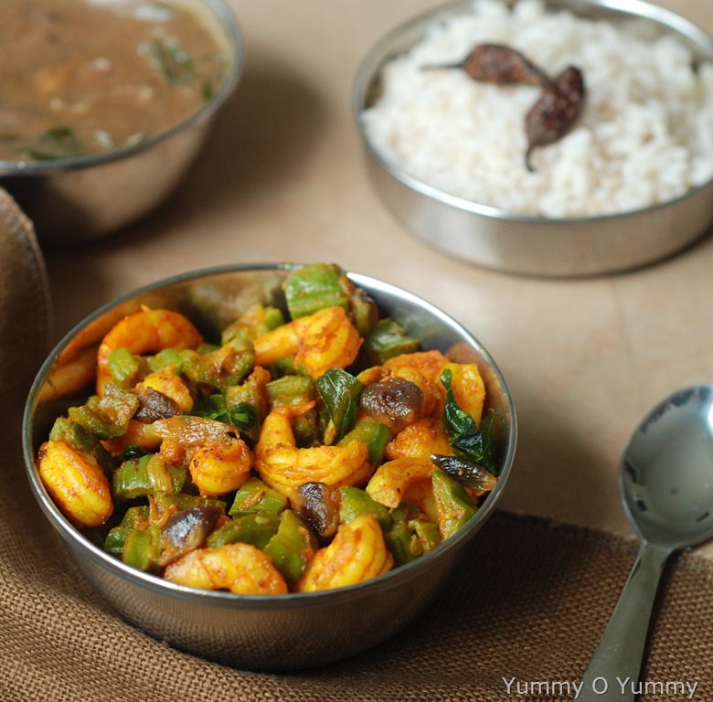 Chemmeen–Peechinga Ularthiyathu / Prawn and Ridge gourd stir-fry