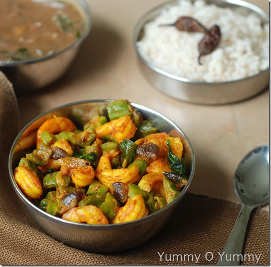 Chemmeen–Peechinga Ularthiyathu / Prawn and Ridge gourd stir-fry